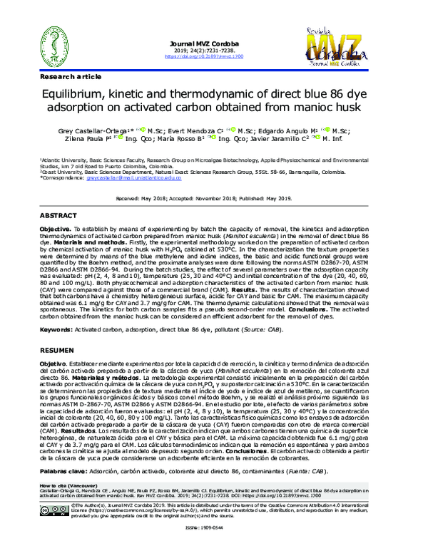 (PDF) Equilibrium, kinetic and thermodynamic of direct blue 86 dye ...