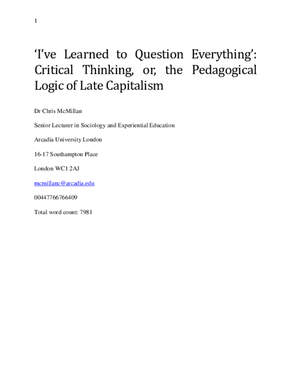 (PDF) 'I've Learned to Question Everything': Critical Thinking, or, the ...