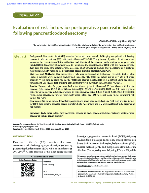 (PDF) Evaluation of risk factors for postoperative pancreatic fistula following ...