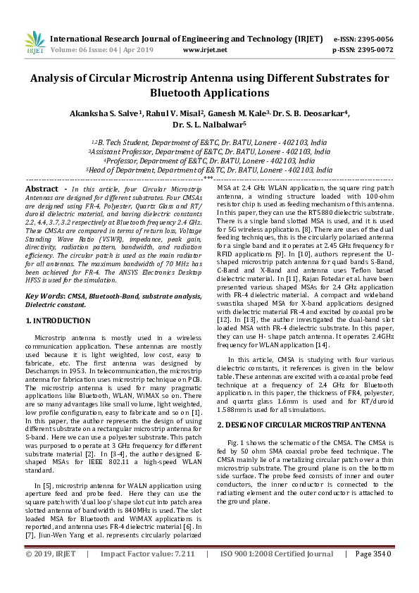 Pdf Analysis Of Circular Microstrip Antenna Using Different Substrates For Bluetooth Applications