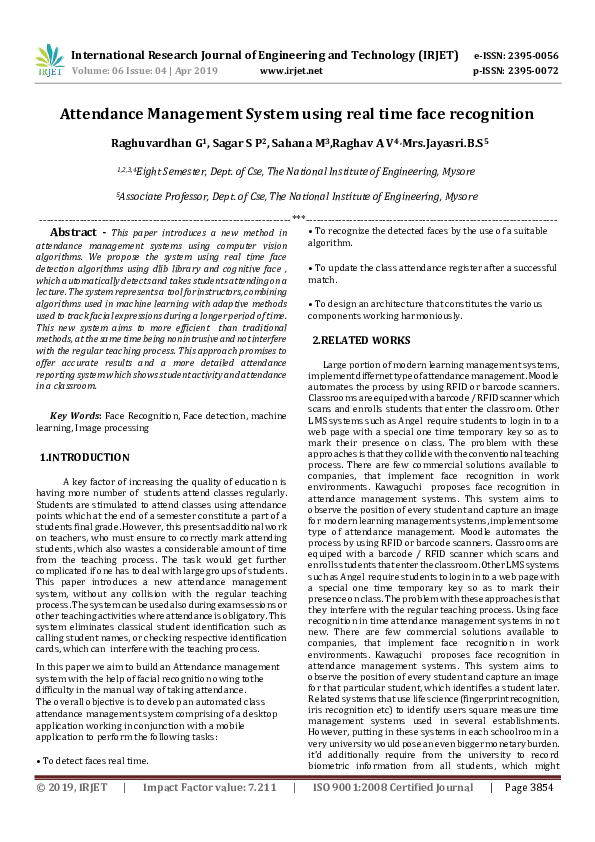 Pdf Irjet Attendance Management System Using Real Time Face Recognition