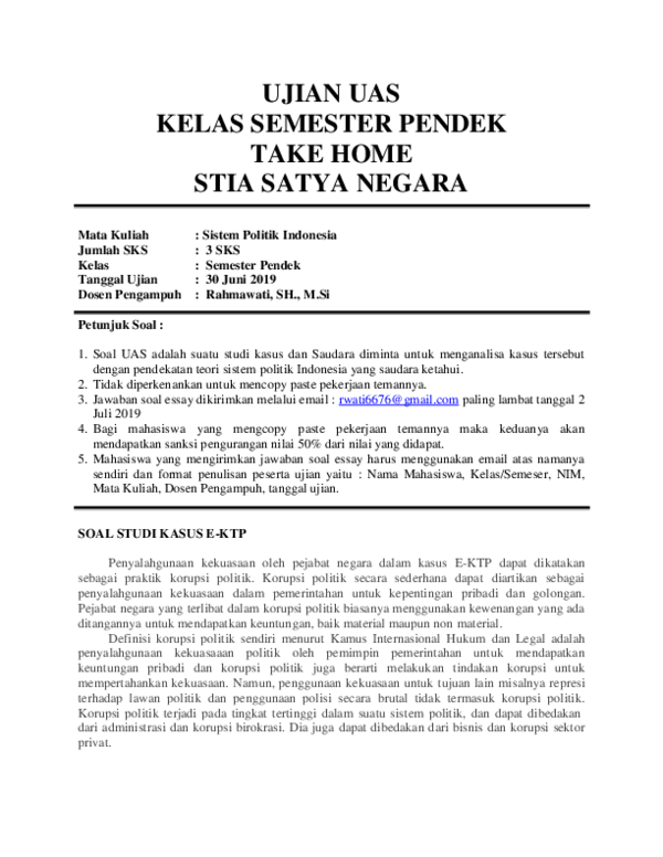 (DOC) UJIAN TAKE HOME UAS-SP-SISTEM POLITIK INDONESIA