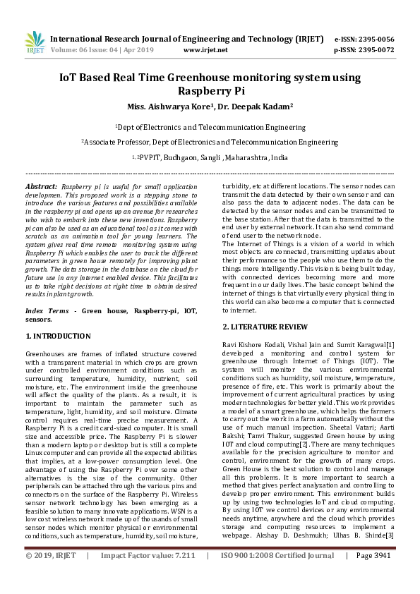 Pdf Irjet Iot Based Real Time Greenhouse Monitoring System Using Raspberry Pi