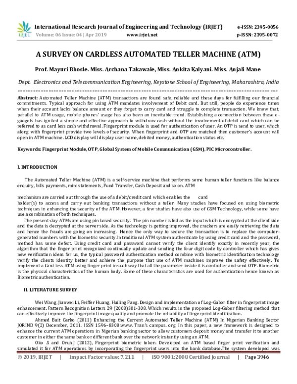 Pdf Irjet A Survey On Cardless Automated Teller Machine Atm