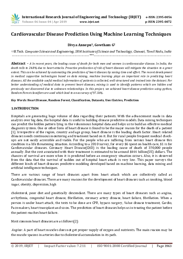 (PDF) IRJET- Cardiovascular Disease Prediction Using Machine Learning ...