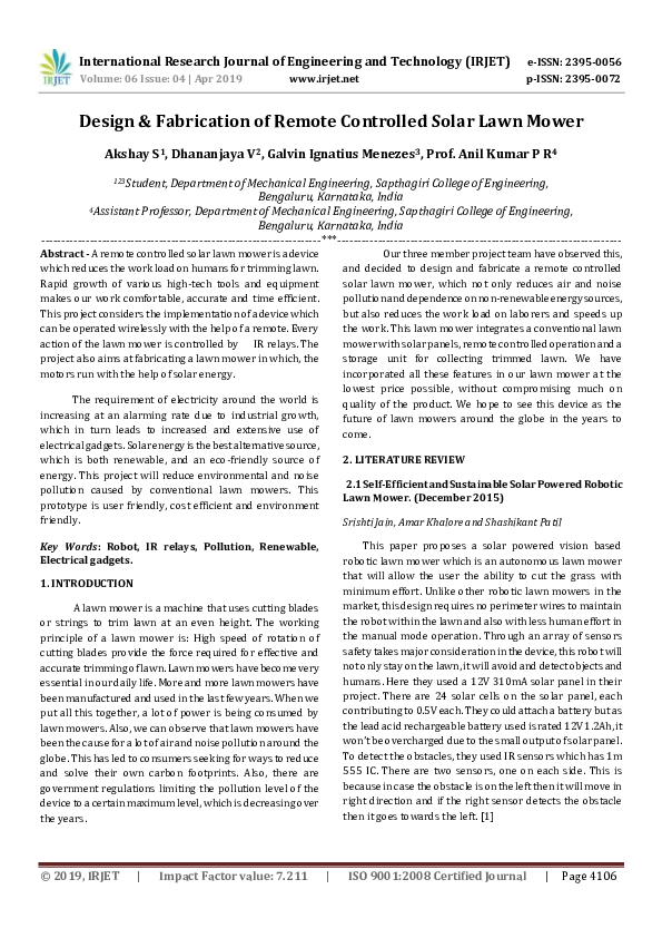 (PDF) IRJET- Design & Fabrication of Remote Controlled Solar Lawn Mower