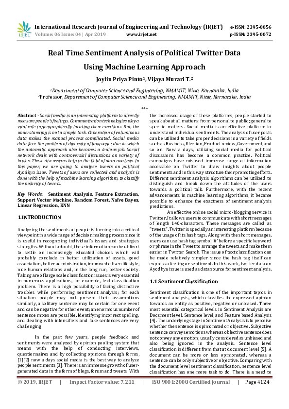 Pdf Irjet Real Time Sentiment Analysis Of Political Twitter Data Using Machine Learning Approach