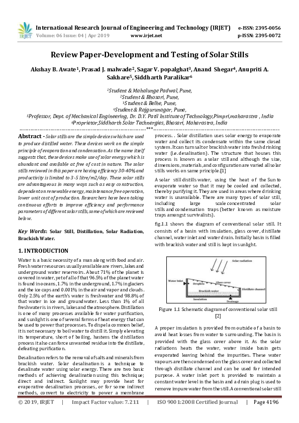 (PDF) IRJET- Review Paper-Development and Testing of Solar Stills
