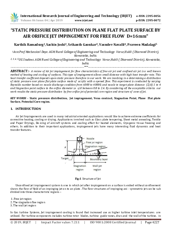 (PDF) IRJET- "STATIC PRESSURE DISTRIBUTION ON PLANE FLAT PLATE SURFACE ...