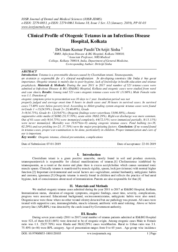 (PDF) Clinical Profile of Otogenic Tetanus in an Infectious Disease ...