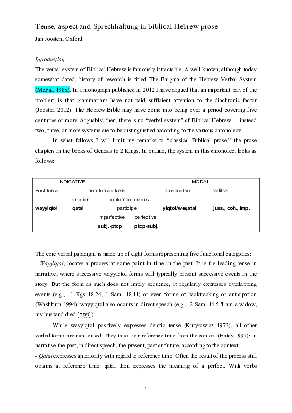(PDF) Tense, aspect and Sprechhaltung in biblical Hebrew prose
