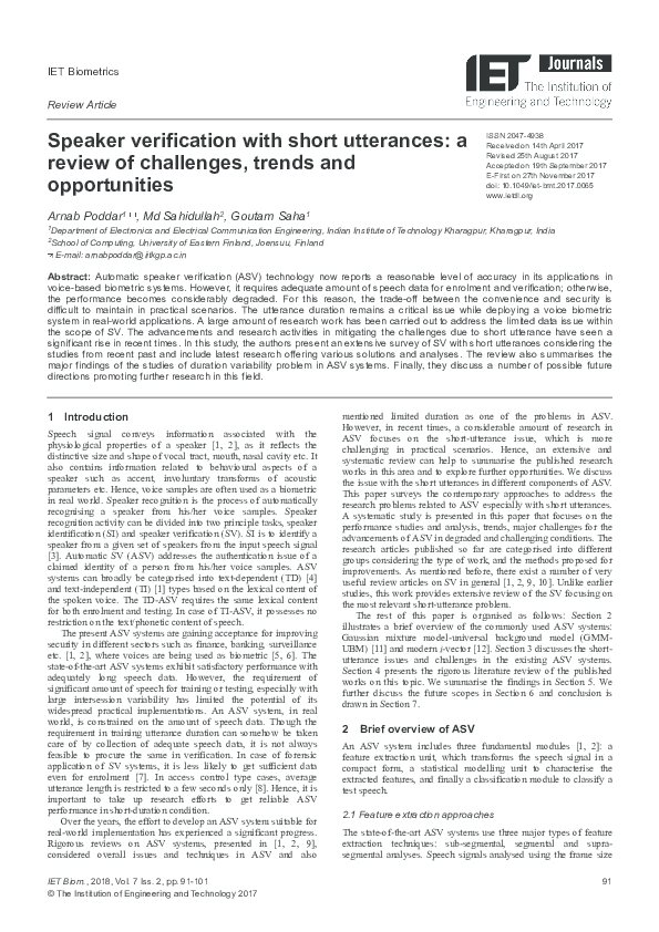 (PDF) Speaker verification with short utterances: a review of challenges, trends and ...