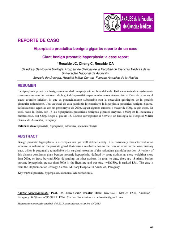 (PDF) REPORTE DE CASO Hiperplasia prostática benigna gigante: reporte ... (PDF) REPORTE DE CASO Hiperplasia prostática benigna gigante: reporte ...
