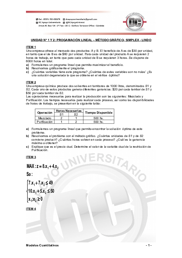 (DOC) UNIDAD Nº 1 Y 2: PROGAMACIÓN LINEAL -MÉTODO GRÁFICO-SIMPLEX -LINDO