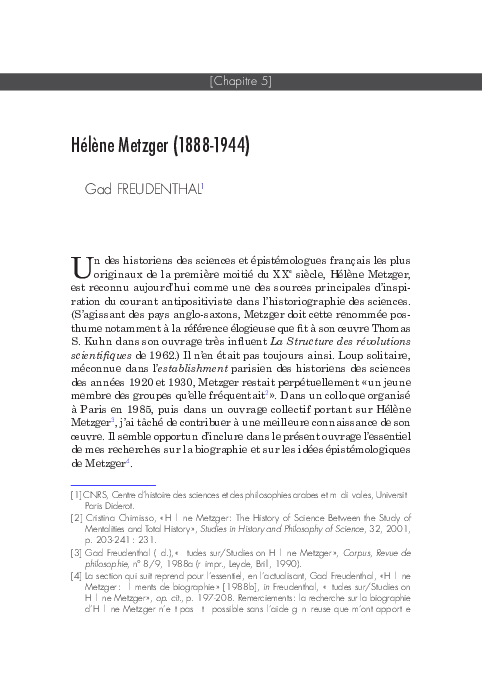 (PDF) Gad Freudenthal, “Hélène Metzger (1888-1944),” in Jean Gayon and ...
