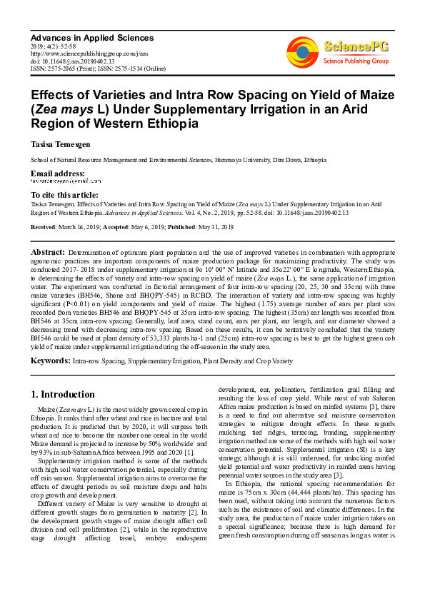 (PDF) Effects of Varieties and Intra Row Spacing on Yield of Maize (Zea mays L) Under ...