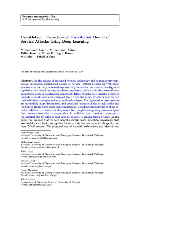 Pdf Deepdetect Detection Of Distributed Denial Of Service Attacks Using Deep Learning