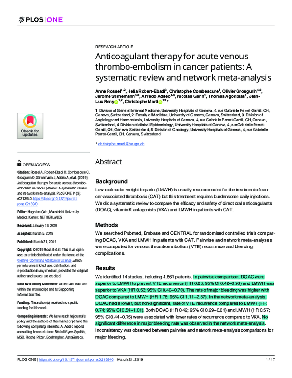 (PDF) Anticoagulant therapy for acute venous thrombo-embolism in cancer patients: A systematic ...