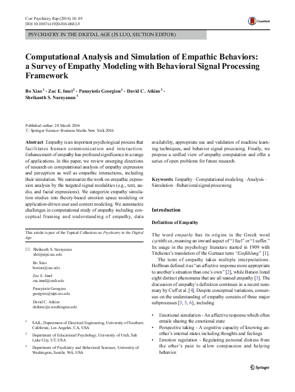 Pdf Computational Analysis And Simulation Of Empathic Behaviors A