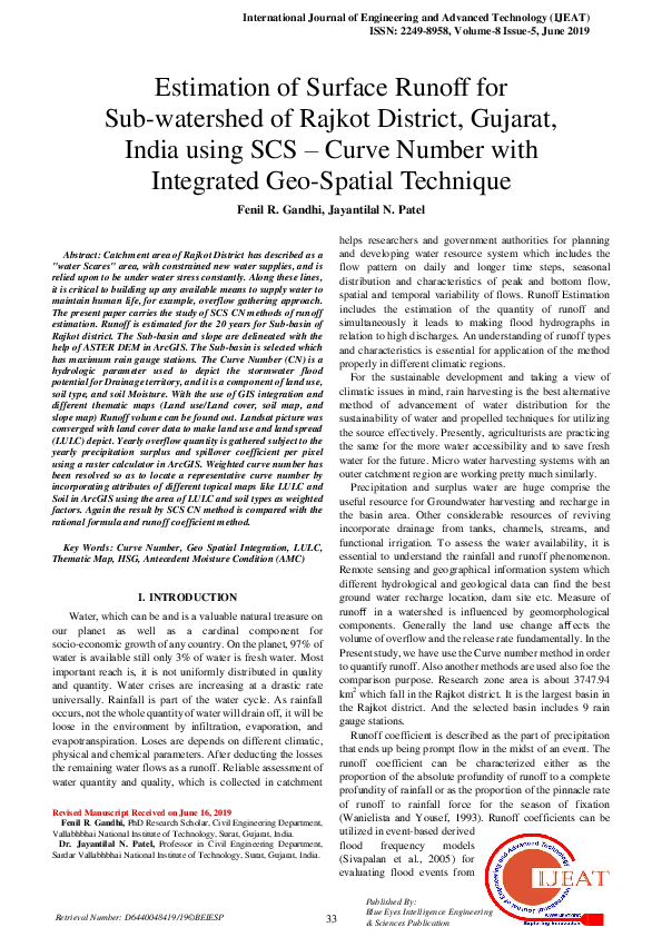 (PDF) Estimation of Surface Runoff for Sub-watershed of Rajkot District, Gujarat, India using ...