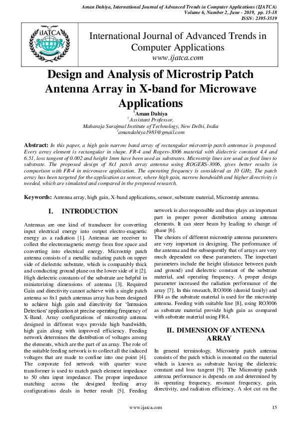 Pdf Design And Analysis Of Microstrip Patch Antenna Array In X Band