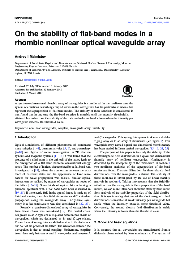 (PDF) On the stability of flat-band modes in a rhombic nonlinear optical waveguide array