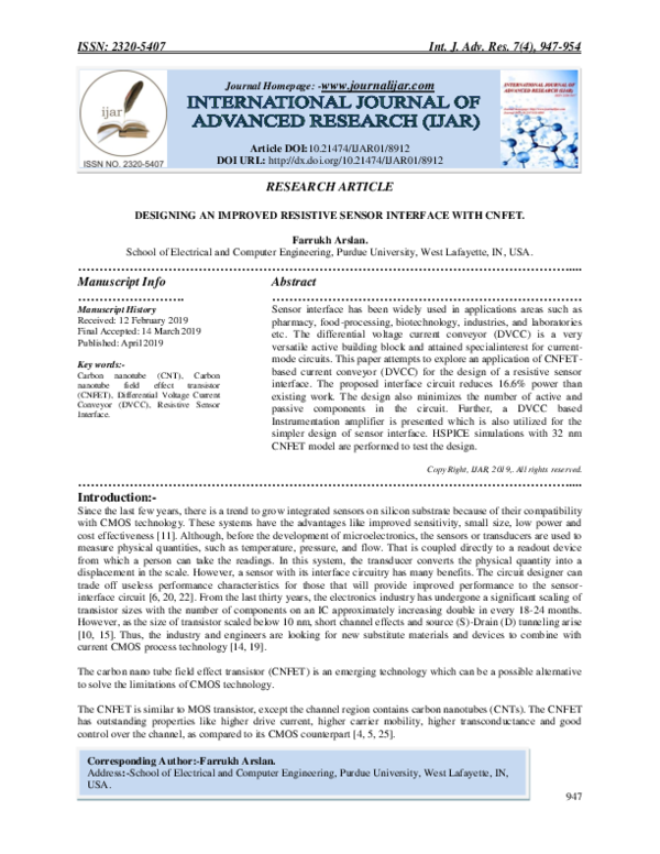 (PDF) DESIGNING AN IMPROVED RESISTIVE SENSOR INTERFACE WITH CNFET