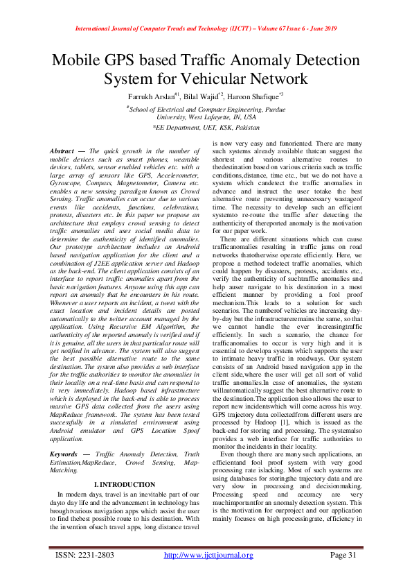 (PDF) Mobile GPS based Traffic Anomaly Detection System for Vehicular Network