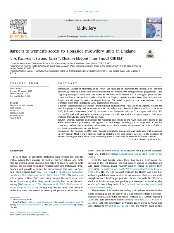 (PDF) Barriers to women's access to alongside midwifery units in England