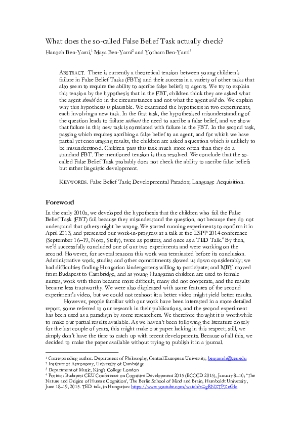 (PDF) What does the so-called False Belief Task actually check?