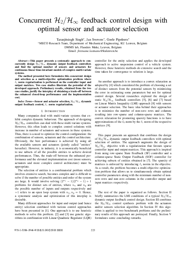 Pdf Concurrent H 2 H∞ Feedback Control Design With Optimal Sensor And Actuator Selection