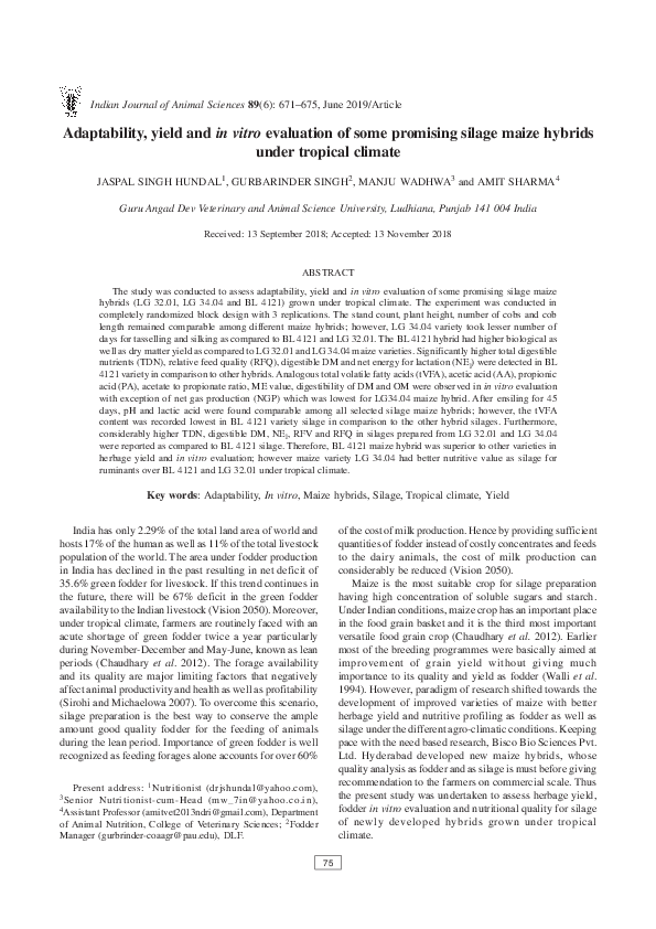 (PDF) Adaptability, yield and in vitro evaluation of some promising silage maize hybrids under ...