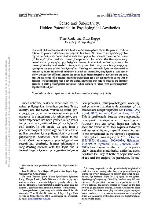 (PDF) Sense and Subjectivity. Hidden Potentials in Psychological Aesthetics