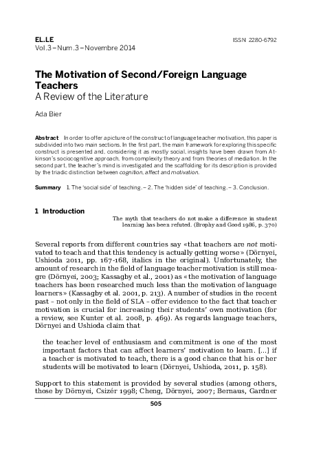 (PDF) The Motivation of Second/Foreign Language Teachers. A Review of the Literature