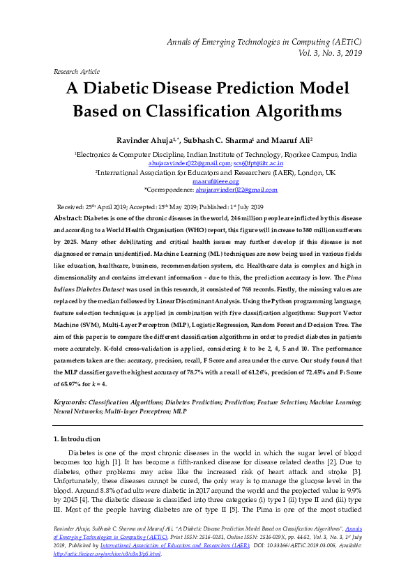 (PDF) A Diabetic Disease Prediction Model Based on Classification ...