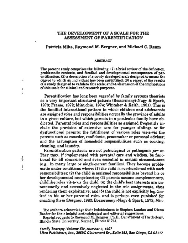 (PDF) The development of a scale for the assessment of parentification.