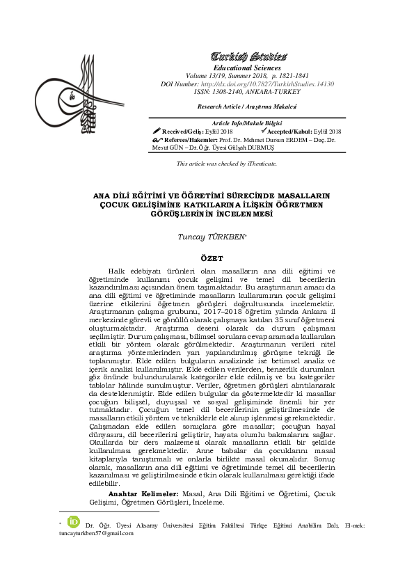 (PDF) Turkish Studies Educational Sciences ANA DİLİ EĞİTİMİ VE ÖĞRETİMİ SÜRECİNDE MASALLARIN ...