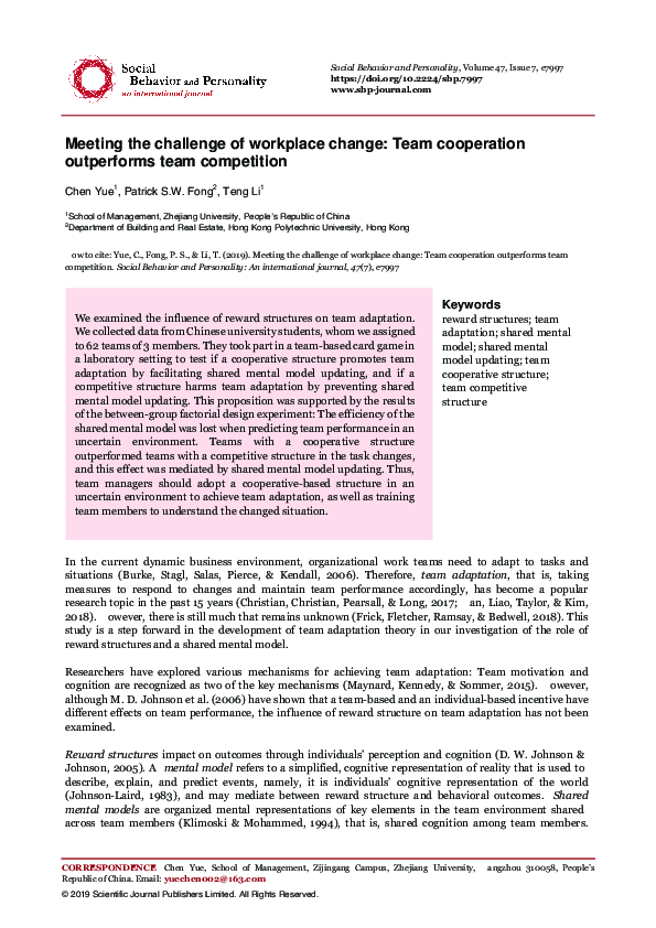 (PDF) Meeting the challenge of workplace change: Team cooperation ...