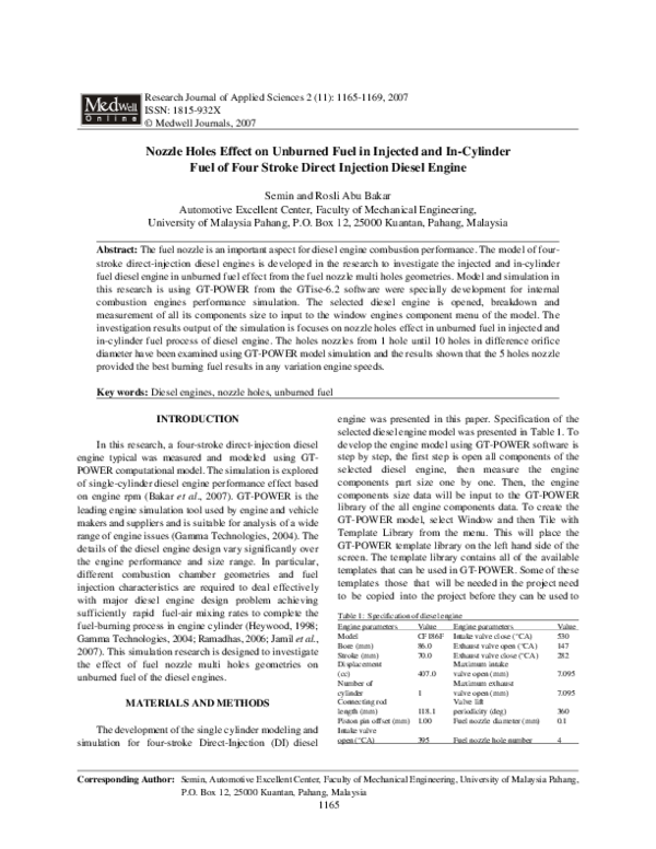 (PDF) Nozzle Holes Effect on Unburned Fuel in Injected and In-Cylinder ...