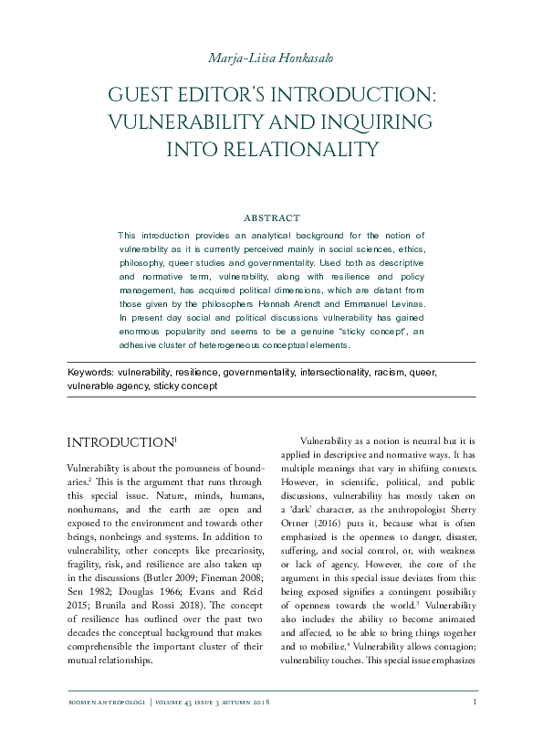 Pdf Vulnerability Inquiring Into Relationality An Introduction Into A Special Issue On