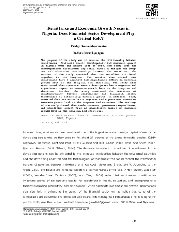(PDF) Remittance and Economic Growth Nexus in Nigeria: Does Financial Sector Development Play a ...