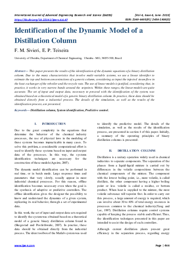 (PDF) Identification of the Dynamic Model of a Distillation Column