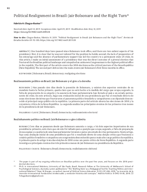 (PDF) Political Realignment in Brazil: Jair Bolsonaro and the Right Turn