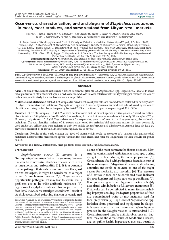 Pdf Occurrence Characterization And Antibiogram Of Staphylococcus Aureus In Meat Meat