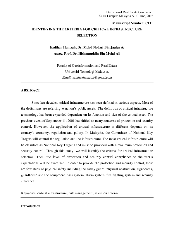 (PDF) IDENTIFYING THE CRITERIA FOR CRITICAL INFRASTRUCTURE SELECTION