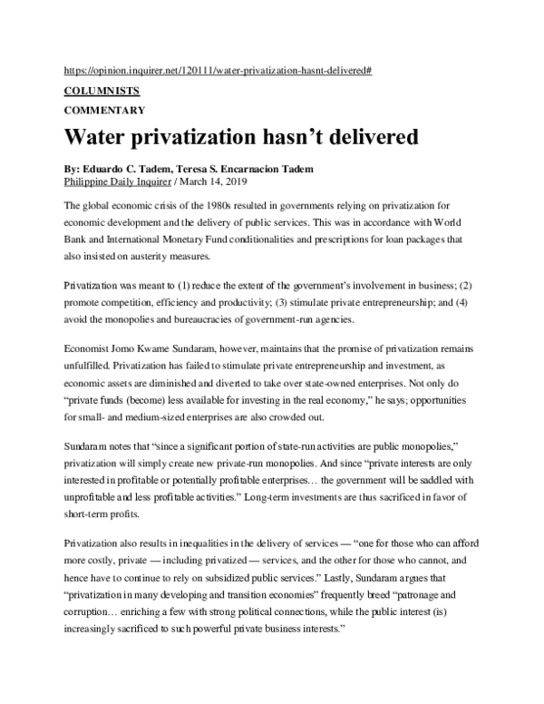 (DOC) Water privatization hasn't delivered
