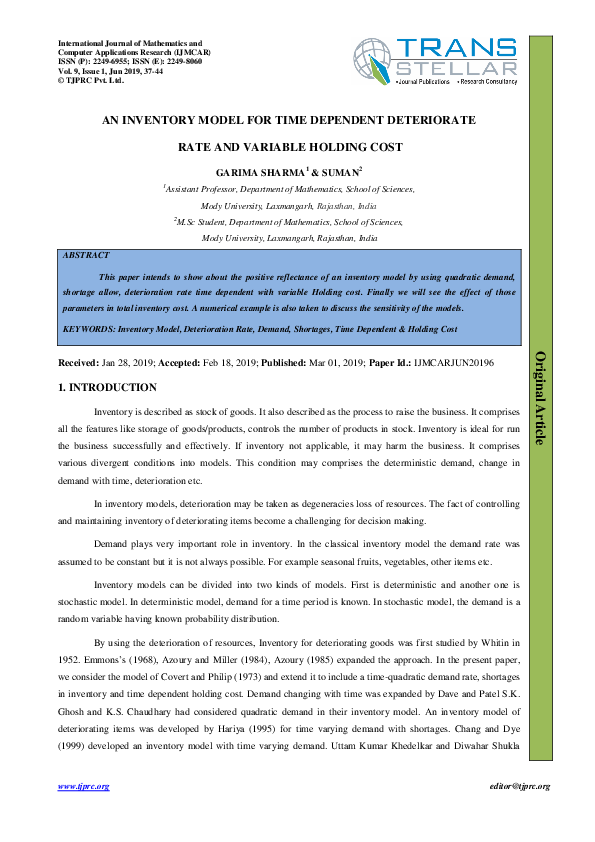 Pdf An Inventory Model For Time Dependent Deteriorate Rate And Variable Holding Cost