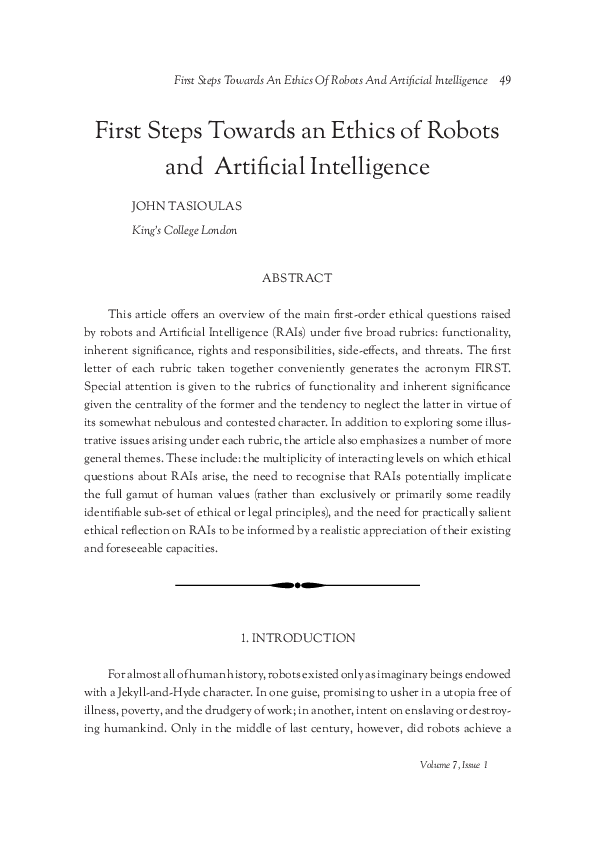 (PDF) First Steps Towards An Ethics Of Robots And Artificial Intelligence