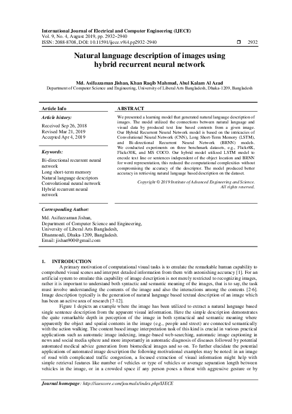 Pdf Natural Language Description Of Images Using Hybrid Recurrent Neural Network