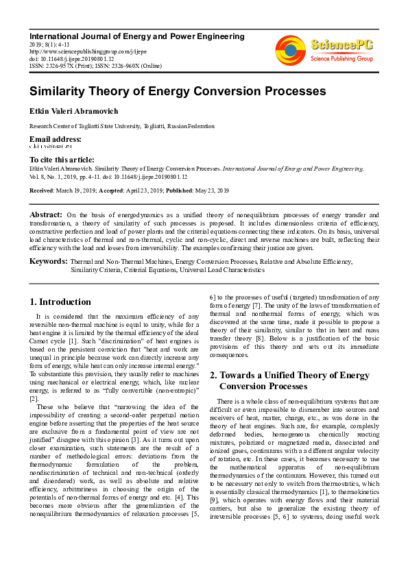 (PDF) Similarity Theory of Energy Conversion Processes